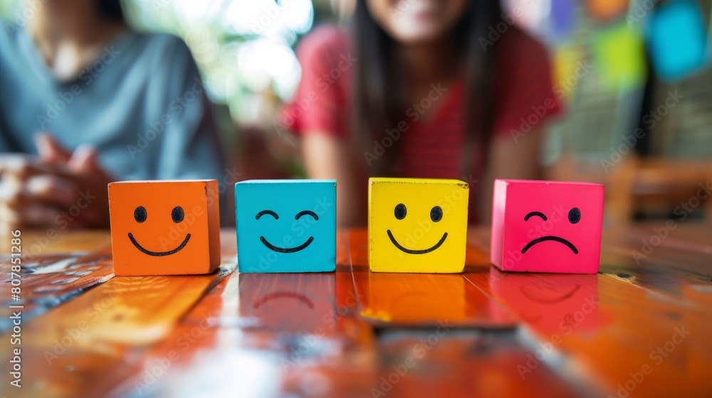 Smiling young woman with emoticon rating scale in focus, ideal for ...