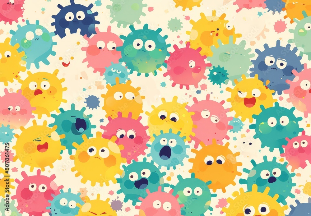 A group of colorful animated shapes resembling cute little virus cells ...