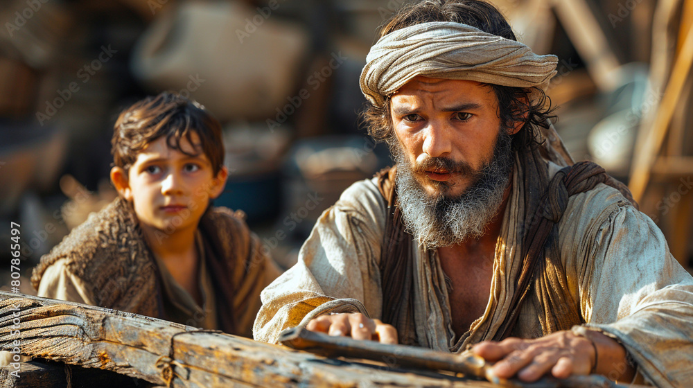 Saint Joseph and the boy Jesus Christ are engaged in carpentry. Holy ...