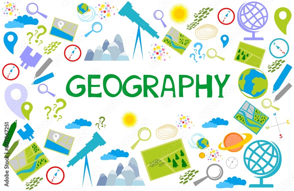 Geography. Education concept. Back to school background. Lettering. Set ...
