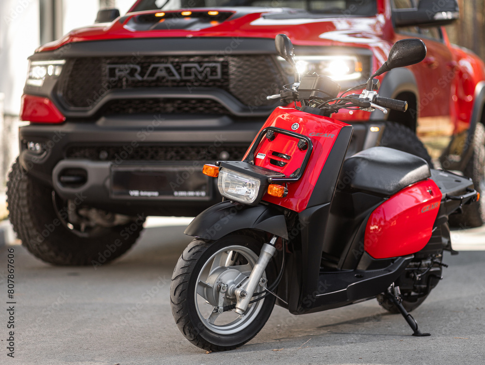 Novosibirsk, Russia - May 01 , 2024: red moped Yamaha Gear , front view ...