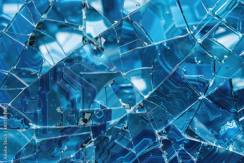 blue printed circuit board under shattered glass background technology ...