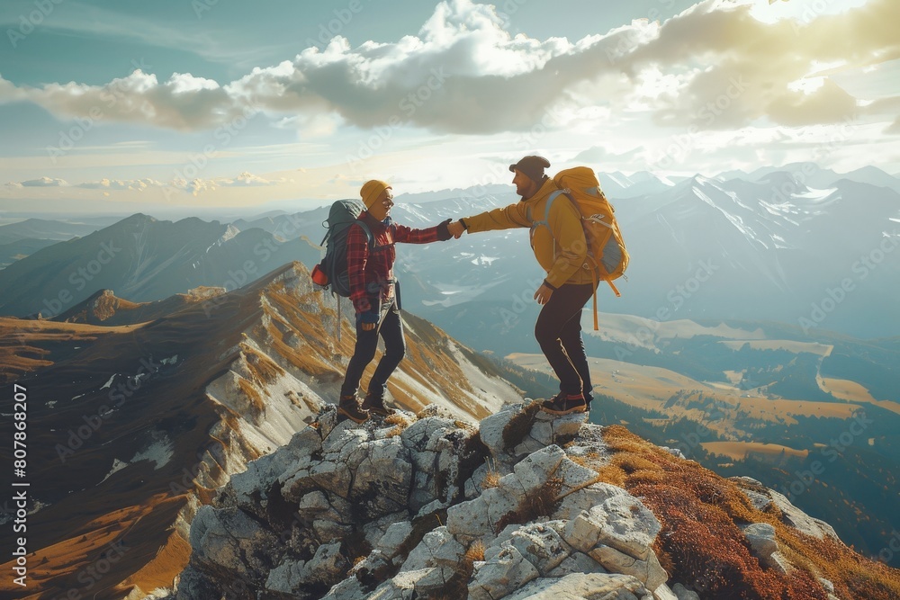 Happy hiker on mountain top - celebrating success - young man climbing ...
