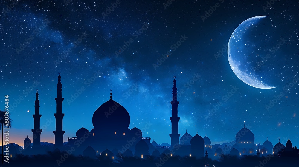 Mosque Domes and Crescent Moon with Stars on Night Sky Background in ...