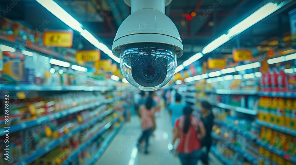 A surveillance camera capturing activities inside a busy grocery store ...