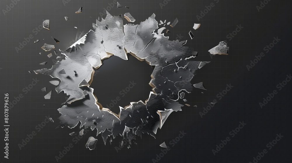 Metal sheet with ripped edges, bullet hole isolated on transparent ...