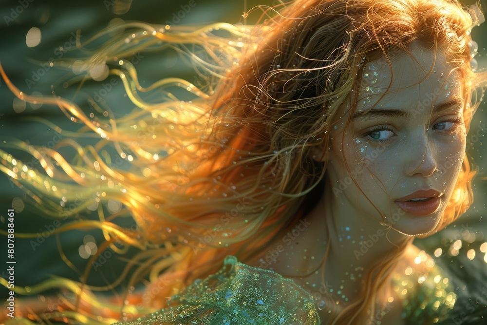 A female fantasy novel character named Mermaid is swimming in the sea ...