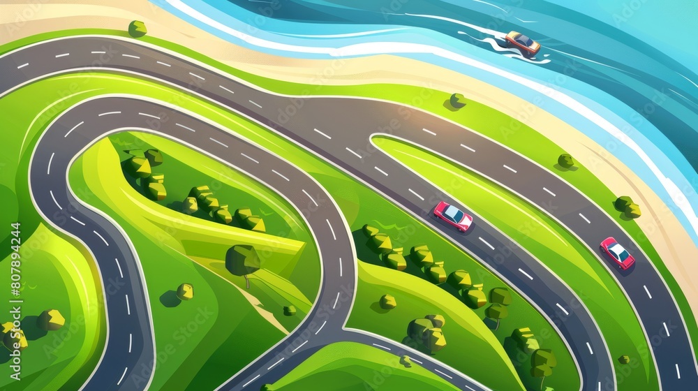 Modern cartoon illustration of a top view of overpass car road in ...