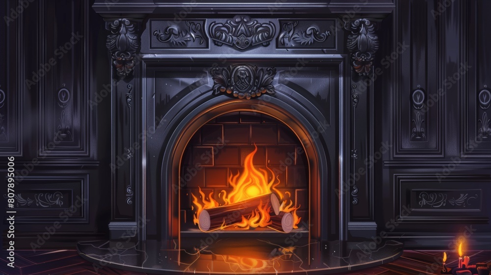 Realistic 3D modern illustration of fireplace with burning wood, black ...