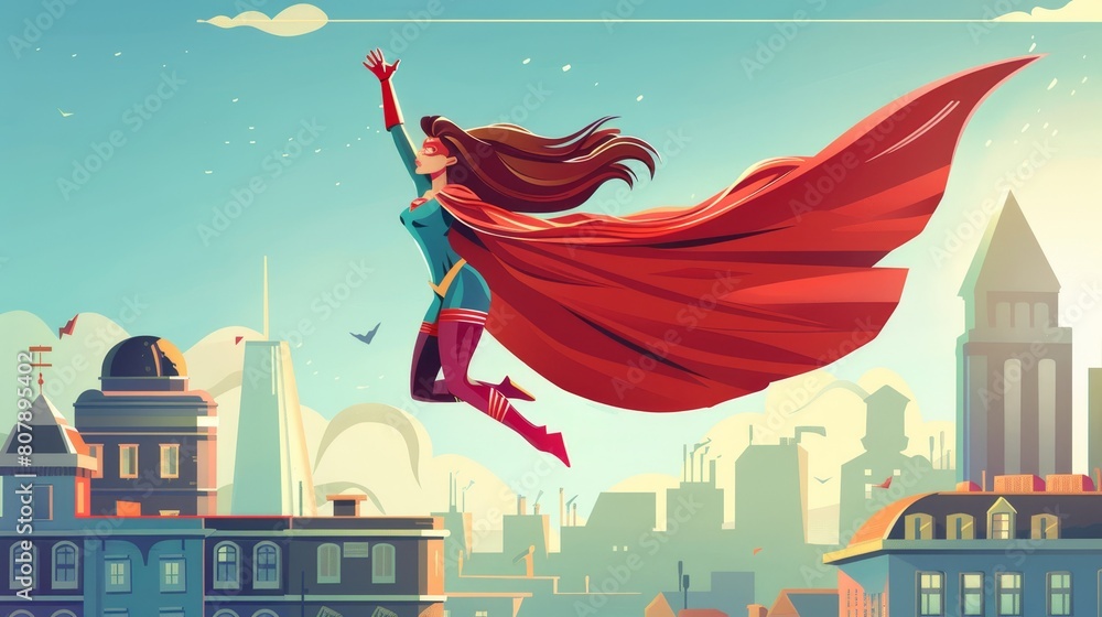 This illustration shows a cartoon super hero girl in red cape flying in ...