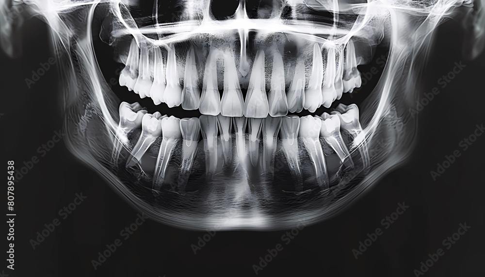 Dental X-ray of adult teeth and jaw structure, used for diagnostic and ...