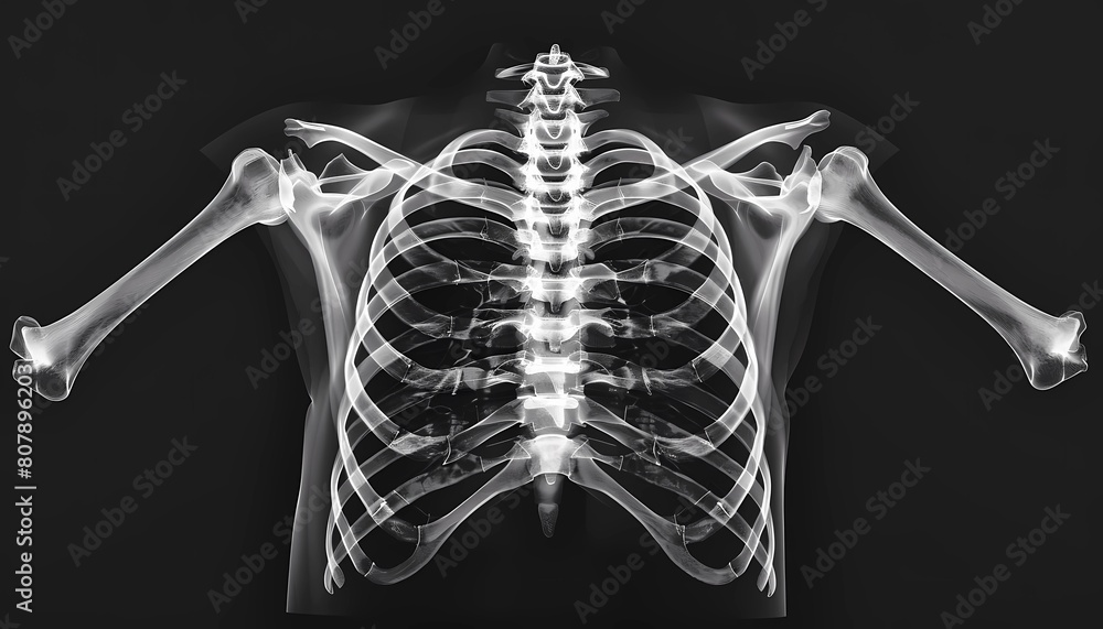 X-ray view of a human chest wall thoracic region skeletal structure ...