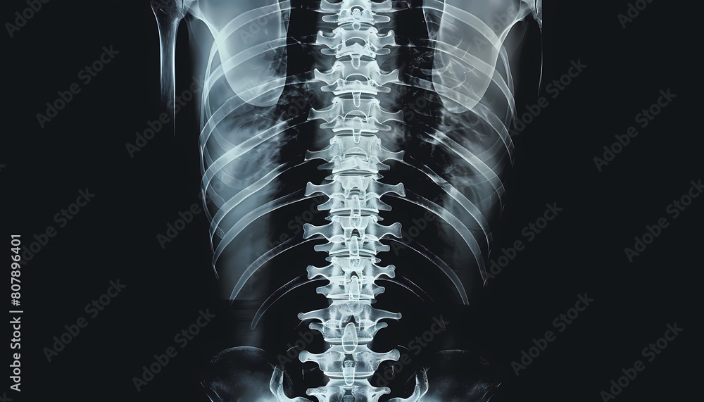 X-ray view of a human chest wall thoracic region skeletal structure ...