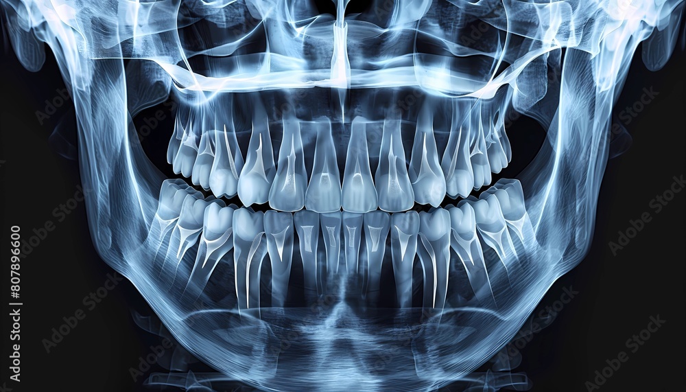 Dental X-ray of adult teeth and jaw structure, used for diagnostic and ...