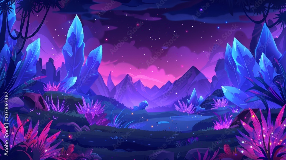 An alien world with fantastic plants at night. Modern cartoon ...