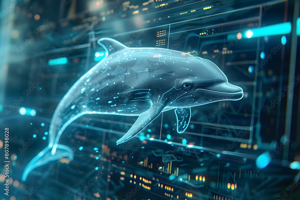 A dolphin is swimming in a computer screen. The dolphin is surrounded ...