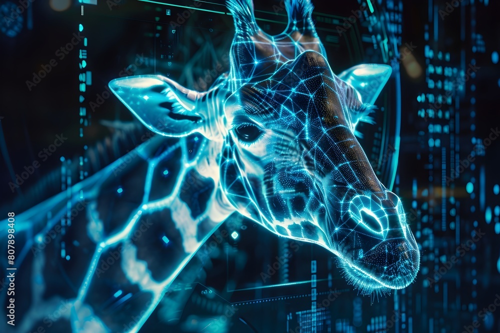 A giraffe's head is shown in a blue and white color scheme. The giraffe ...