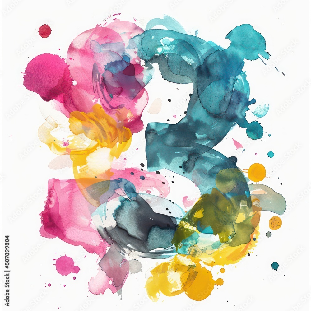 3, three number in watercolor painting on a white background Stock ...