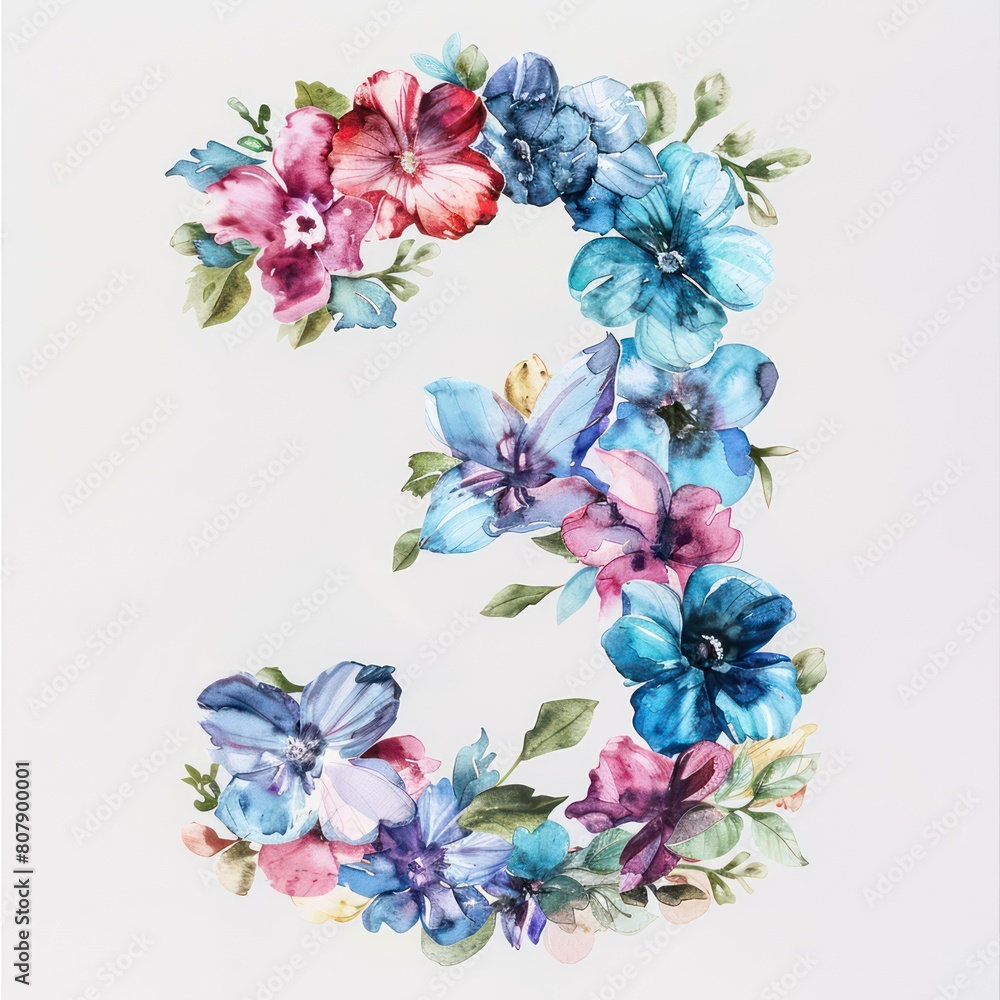 3, three number in watercolor painting on a white background Stock ...