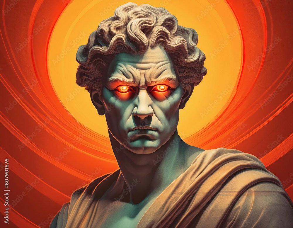 fantasy illustration of the ancient bust of Apollon with angry red ...