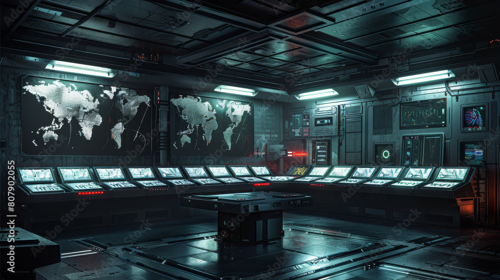 Underground bunker, control room, map, dark, futuristic. Generative AI ...