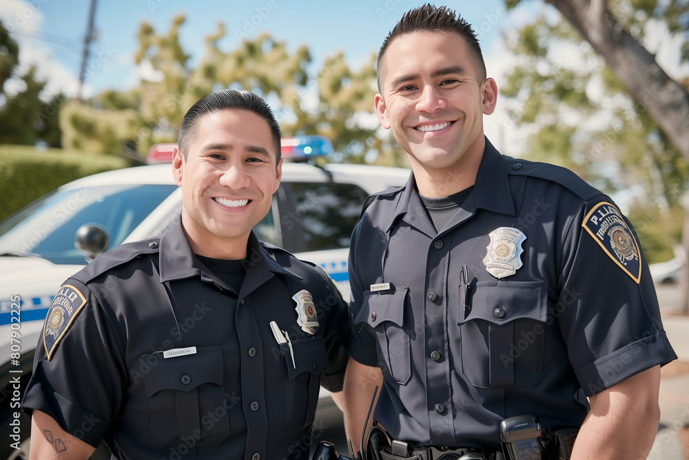 portrait of two smiling police officers, partners in uniform, standing ...