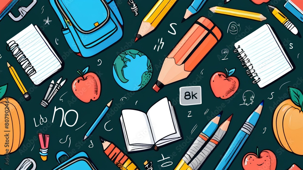A colorful drawing of school supplies and a book. Concept of learning ...