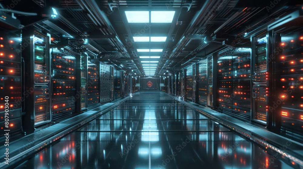 artificial Intelligence data center hardware, shiny reflective floor ...