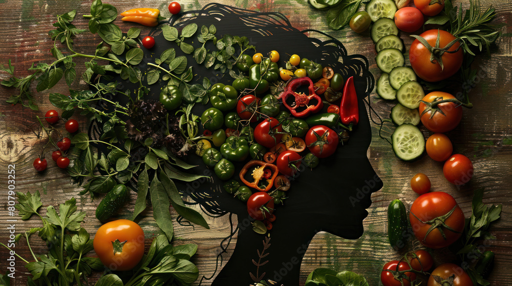an artistic depiction of a female silhouette surrounded by vegetables ...