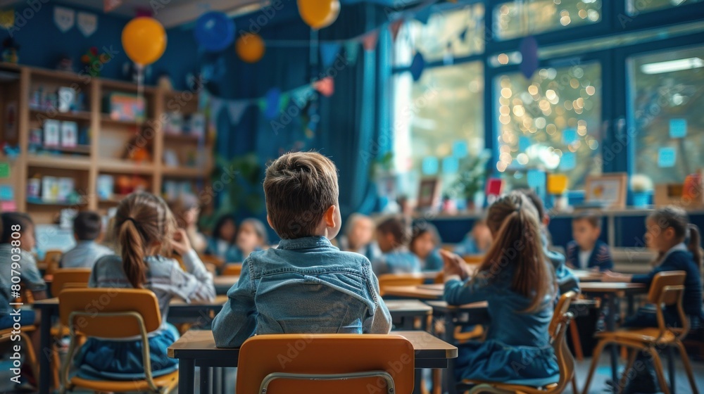 An elementary school student in a classroom filled with CGI technology ...