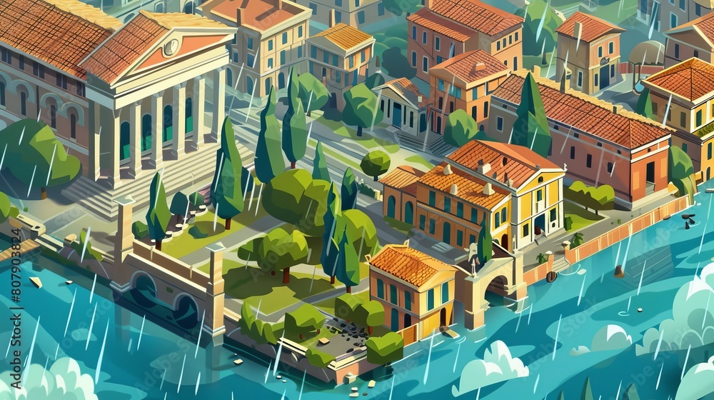 Isometric architecture of an ancient Roman town on a river coast in ...