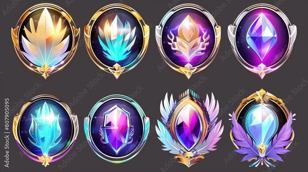 User avatar frames with feathers and crowns for a game interface. Empty ...