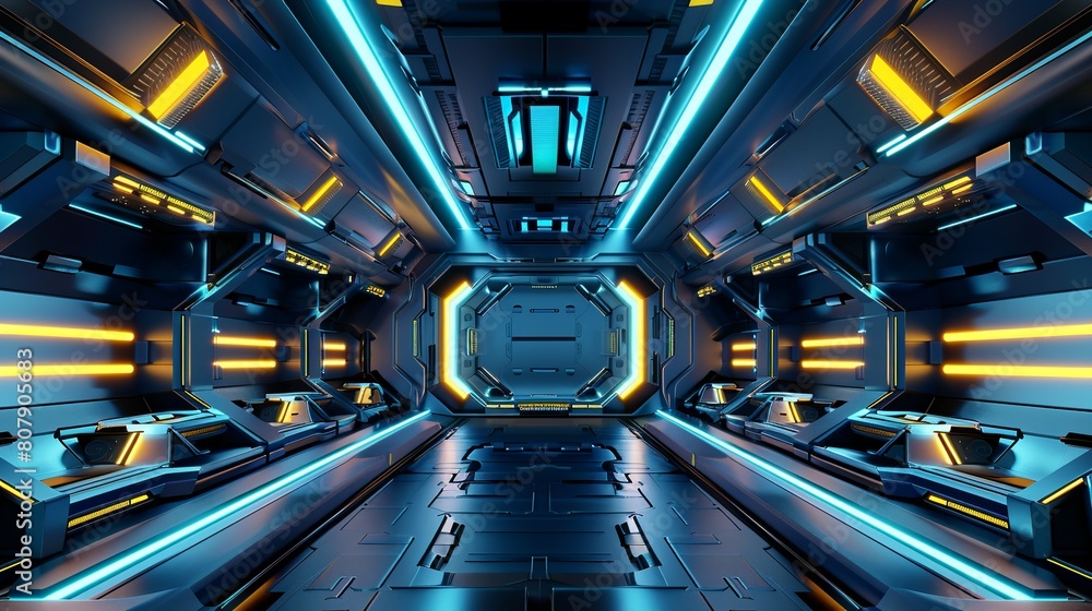 background design, futuristic wall panel, cyan and yellow neon lighting ...
