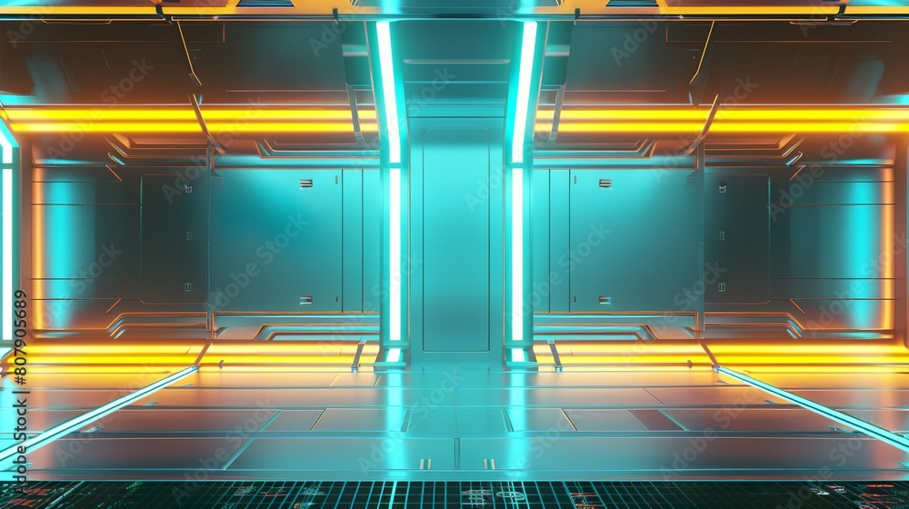 background design, futuristic wall panel, cyan and yellow neon lighting ...