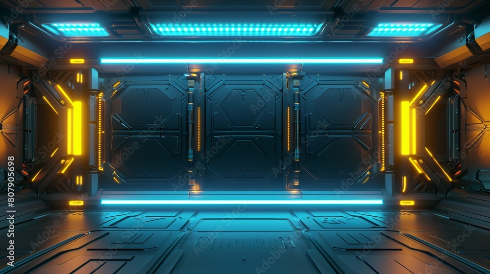 background design, futuristic wall panel, cyan and yellow neon lighting ...