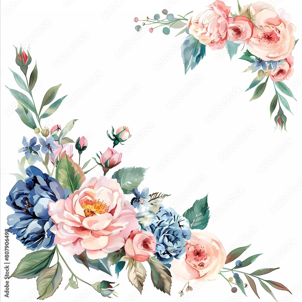 Watercolor floral corner border. Blush pink roses, peonies, blue ...