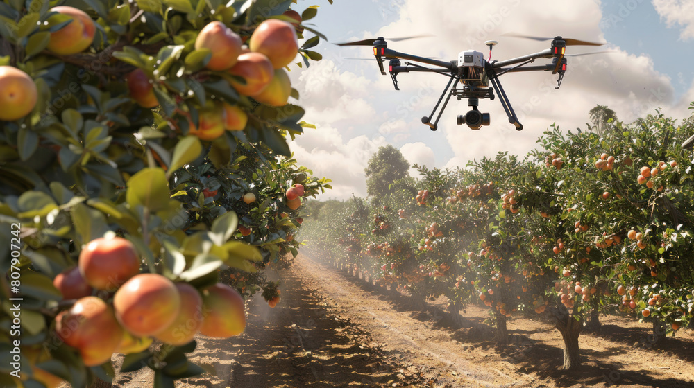 high-tech drones equipped with multispectral cameras flying over orchards, capturing detailed ...