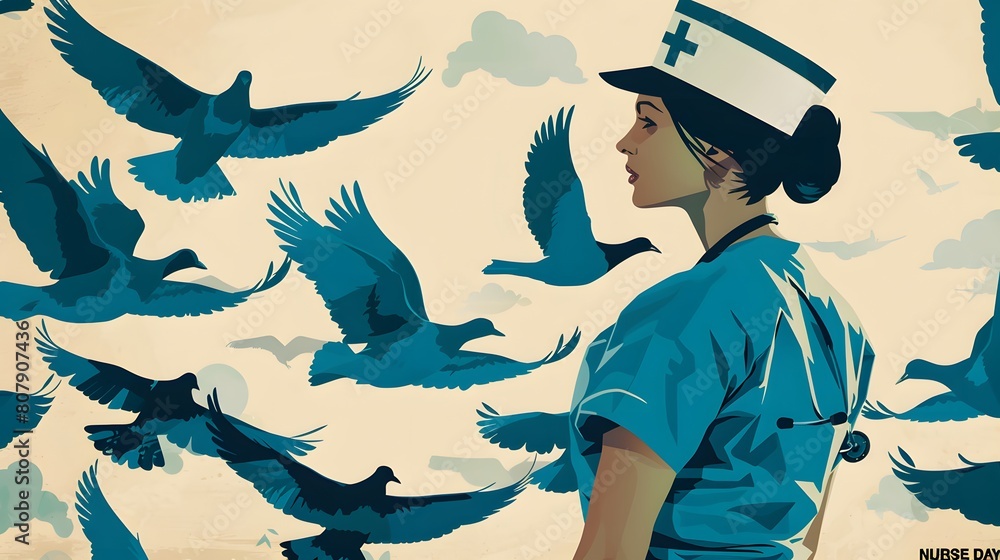 Nurse vector with birds, banner isolated on peach background ...