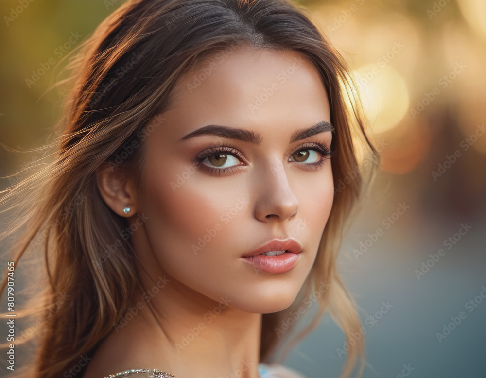 Volto angelico di una donna con capelli castani e occhi dolci. Stock ...