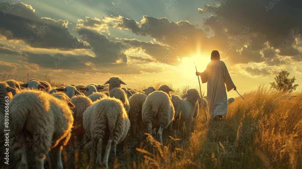 A painting of Jesus Christ as the Good Shepherd, with a flock of sheep ...