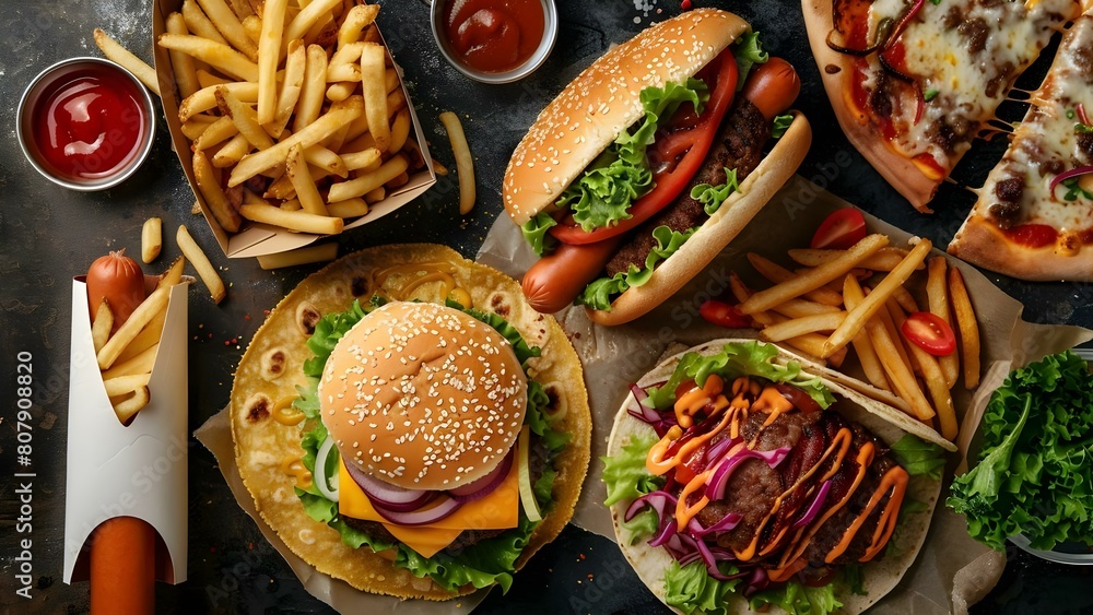 Flat lay of fast food items burger taco hot dog pizza fries. Concept ...