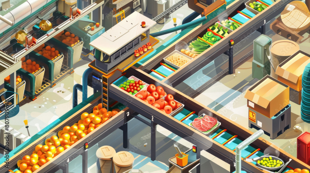 a bustling food processing plant, with conveyor belts transporting ...