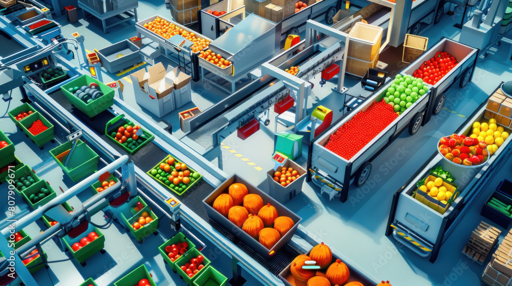 a bustling food processing plant, with conveyor belts transporting ...