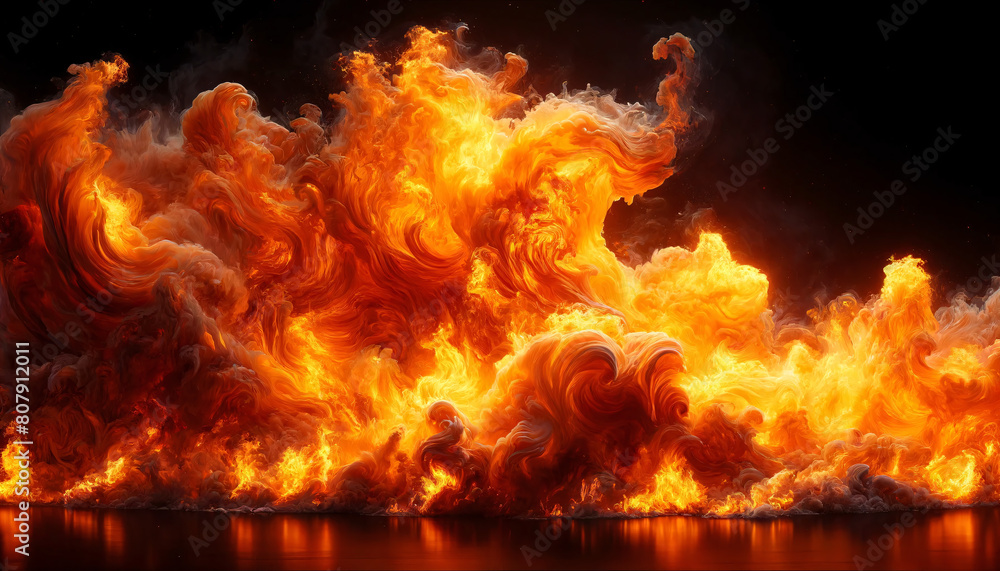 A raging fire, filling the frame with dynamic flames. The flames are ...