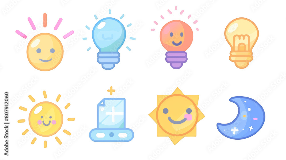 set of Brightness adjustment icons, cartoon style, cute icons ...