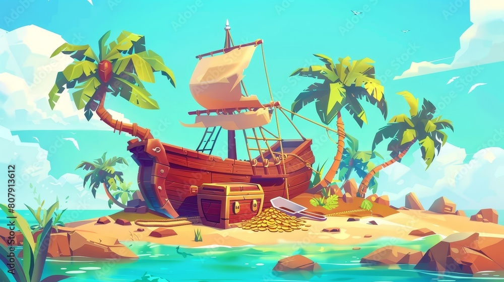Cartoon cartoon illustration of a pirate ship a docked on an island ...