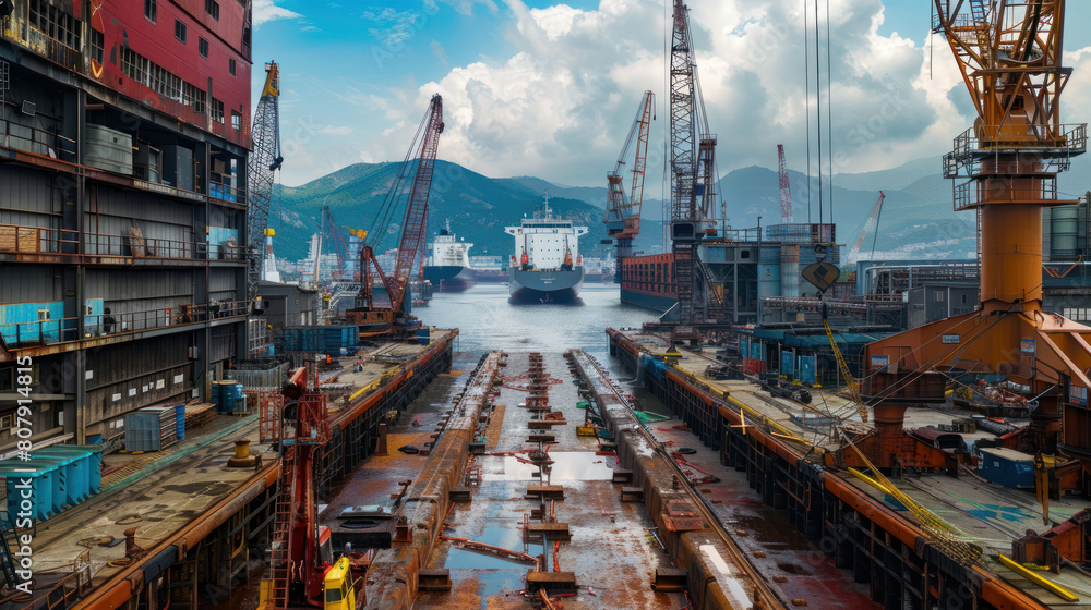 a panoramic view of a shipyard, with dry docks and gantry cranes ...