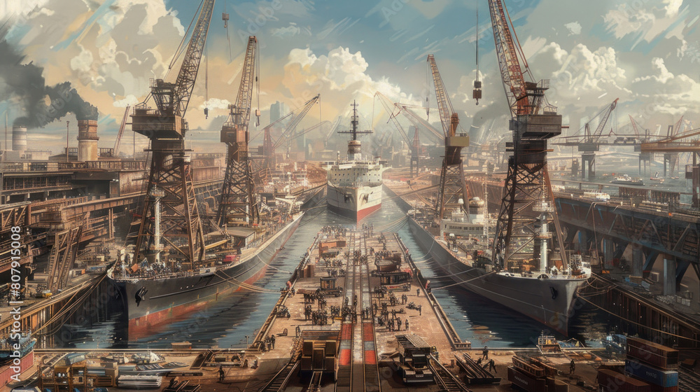 a panoramic view of a shipyard, with dry docks and gantry cranes ...