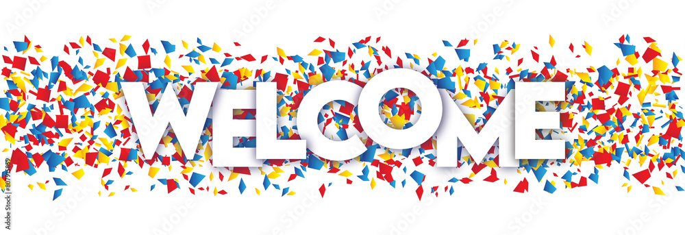 Welcome confetti banner paper cutout illustration. Letters solated on ...
