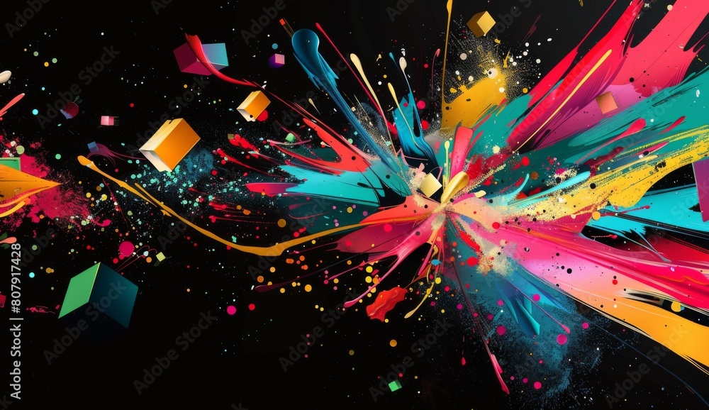 A dynamic explosion of abstract shapes in the colors cmyk, with bold ...